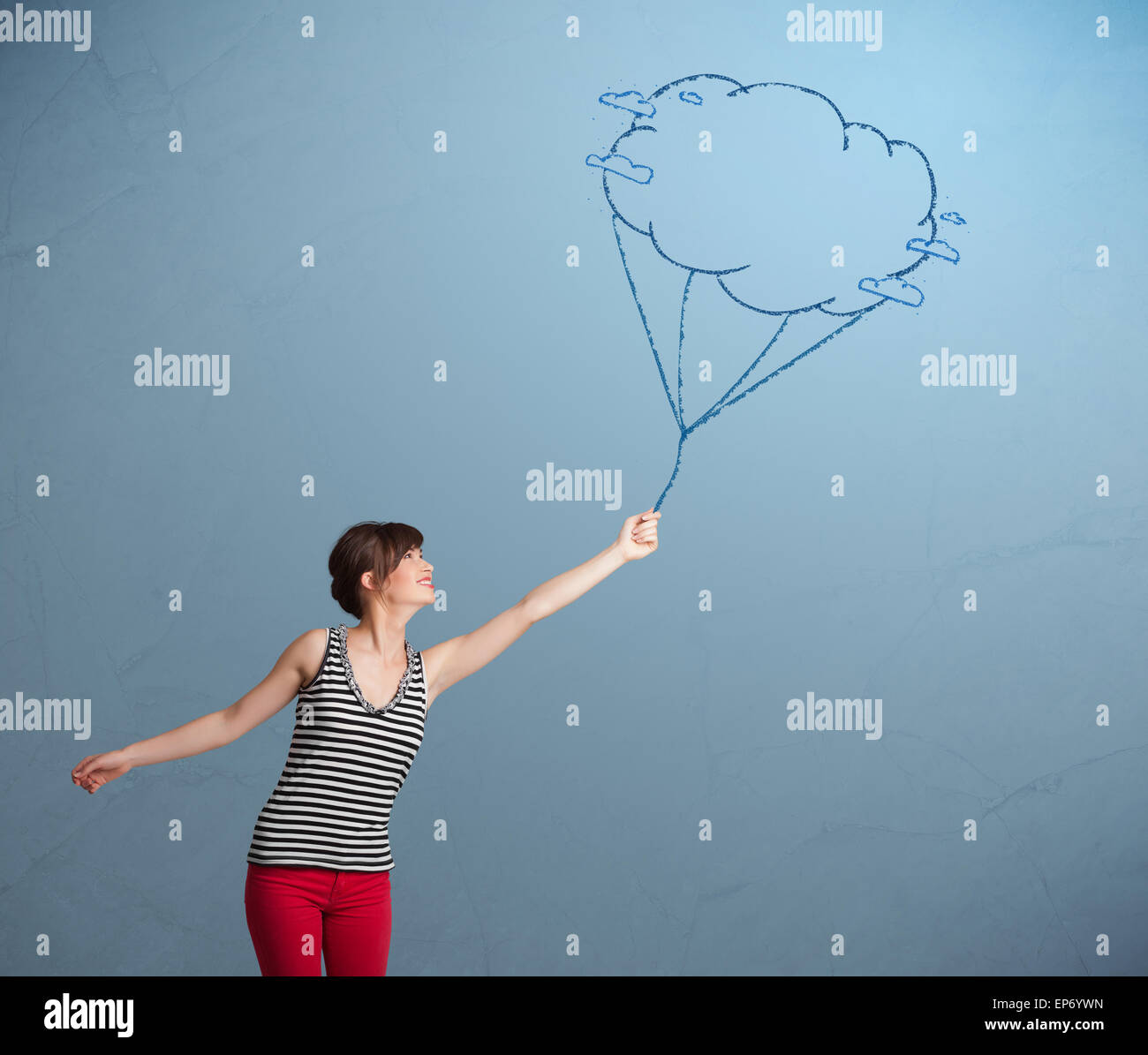 Pretty lady holding a cloud balloon drawing Stock Photo - Alamy