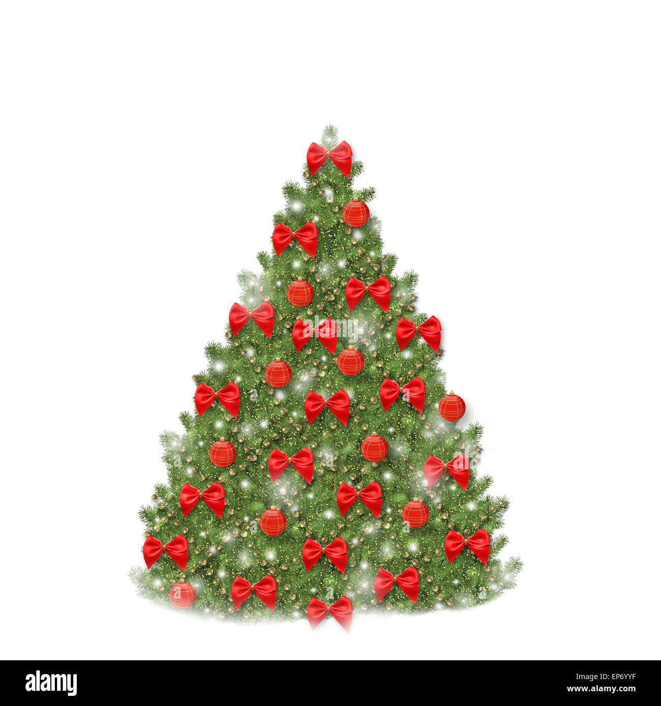 Christmas tree with red balls and beautiful bows isolated on white ...
