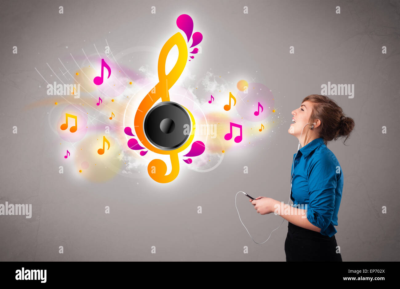 pretty girl singing and listening to music with musical notes Stock ...
