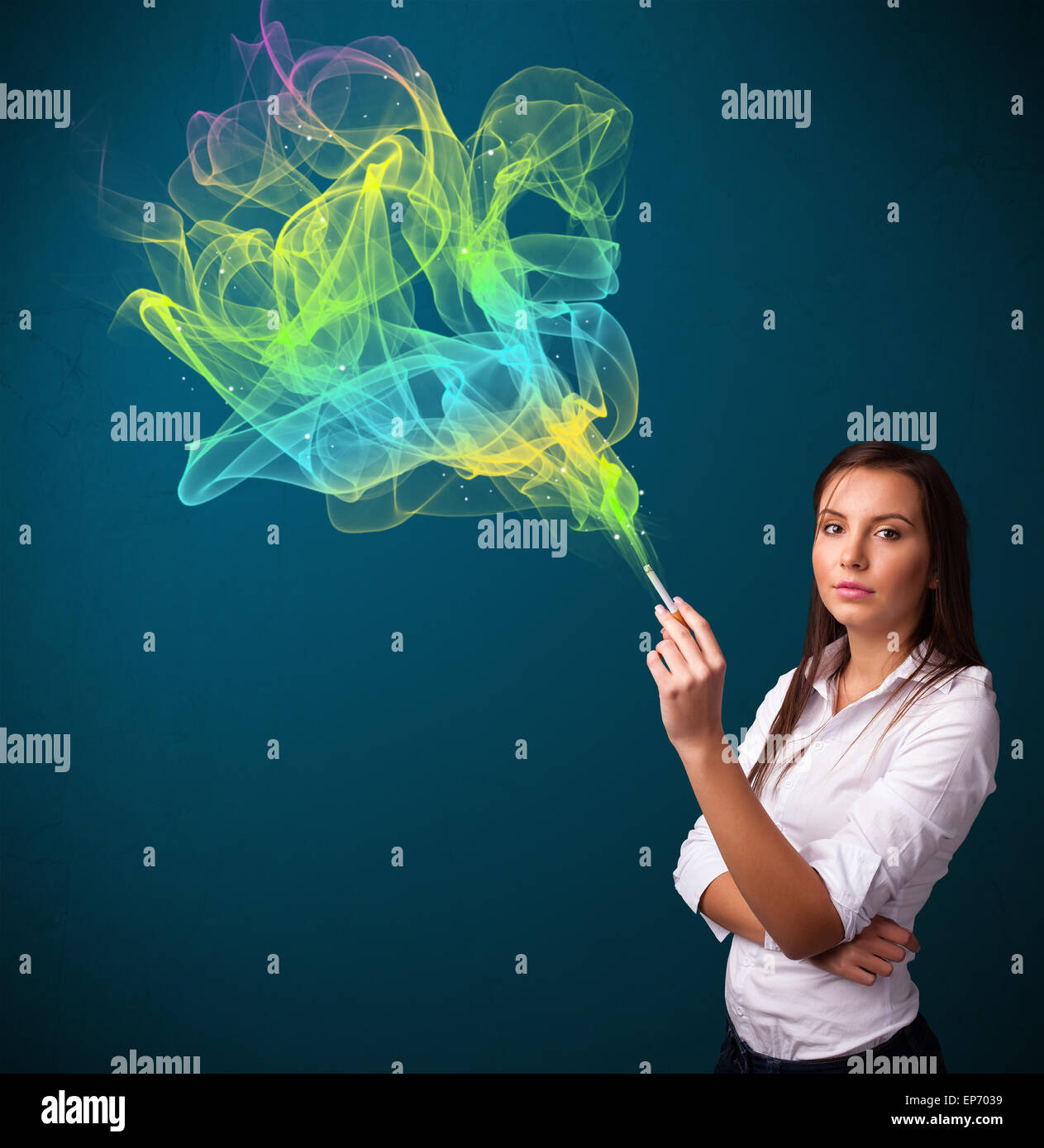 Pretty lady smoking cigarette with colorful smoke Stock Photo - Alamy