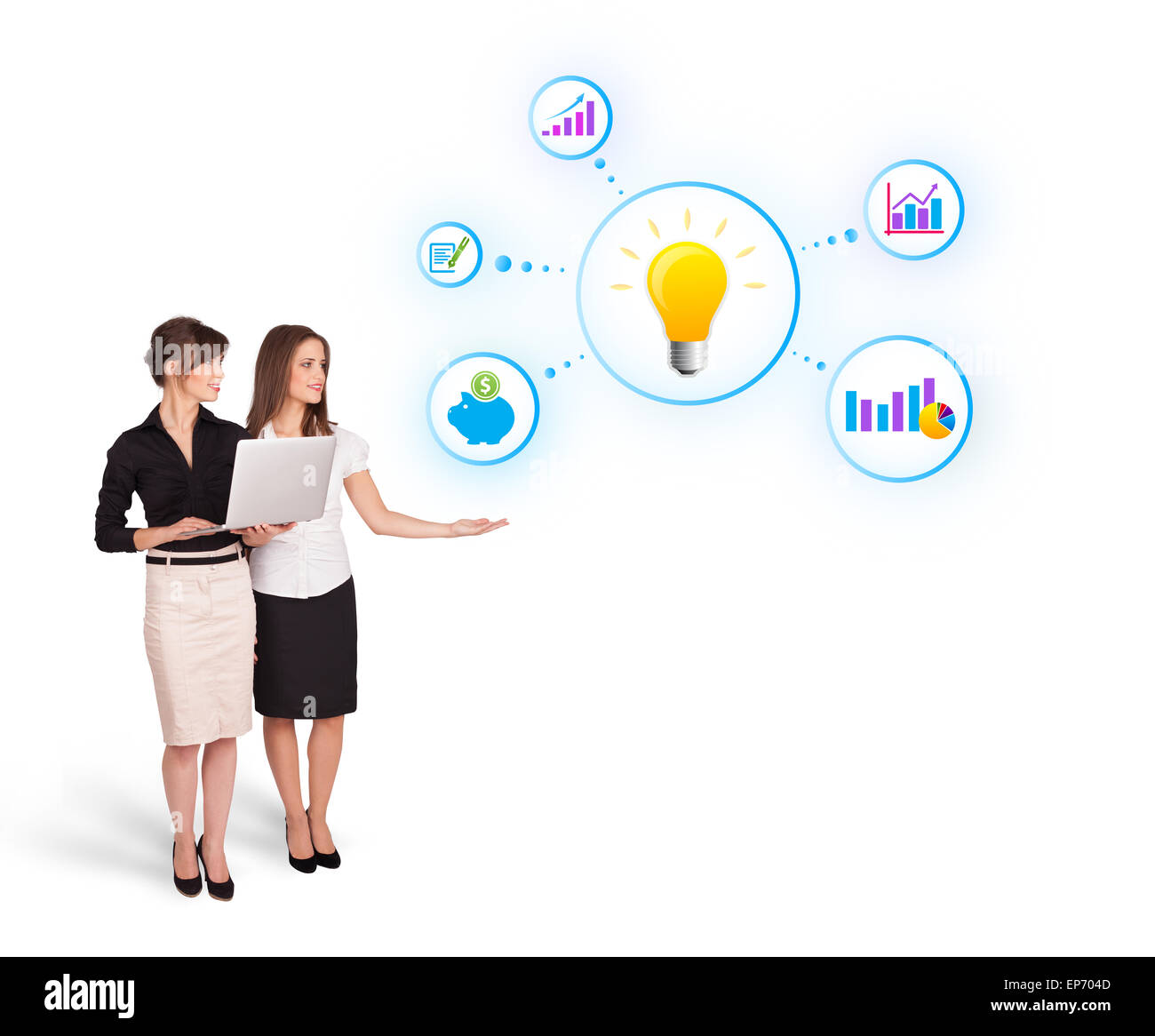 beautiful young women presenting light bulb with colorful graphs and ...