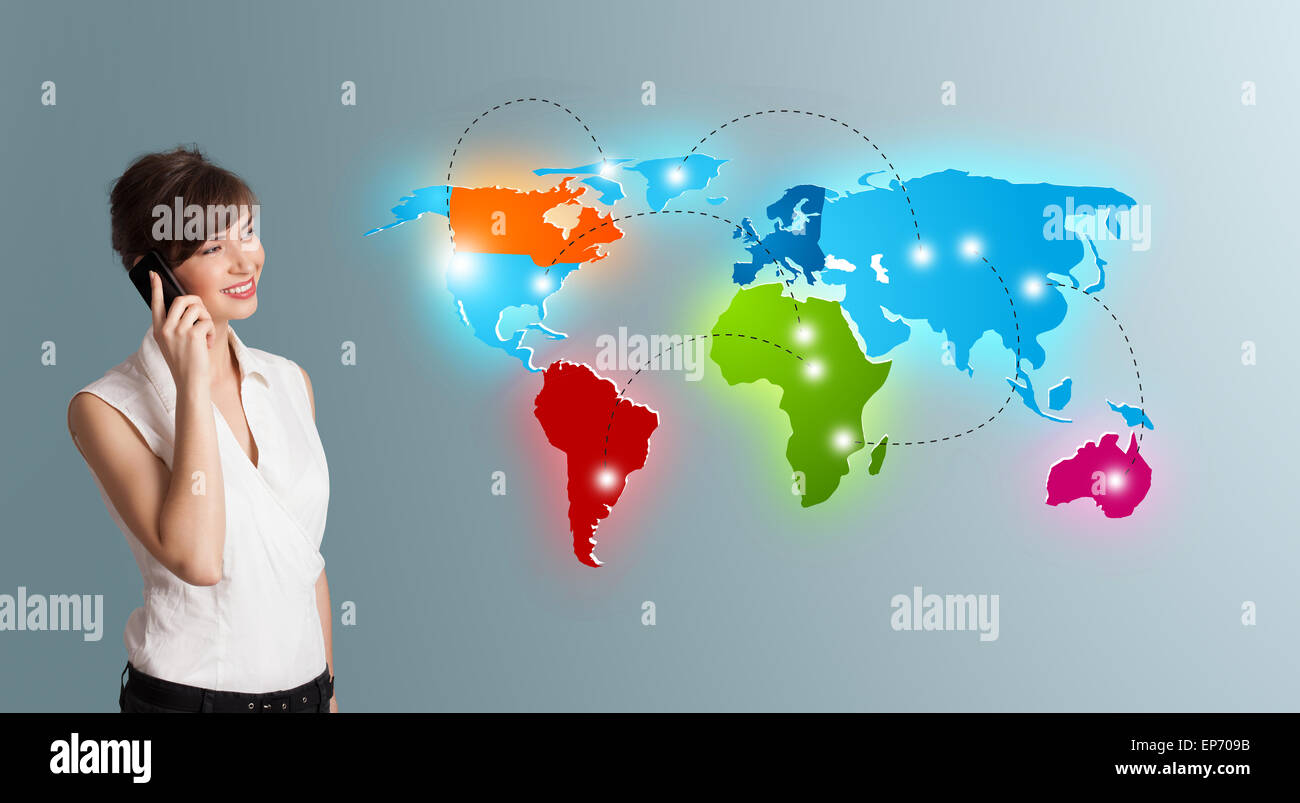 young woman making phone call with colorful world map Stock Photo - Alamy