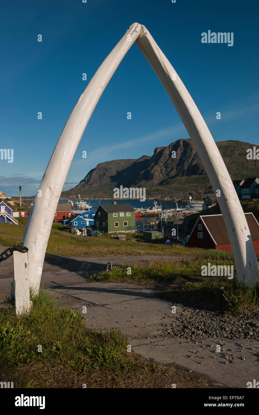 View of harbour through blue whale jaw bone gate at Sisimiut Museum in ...