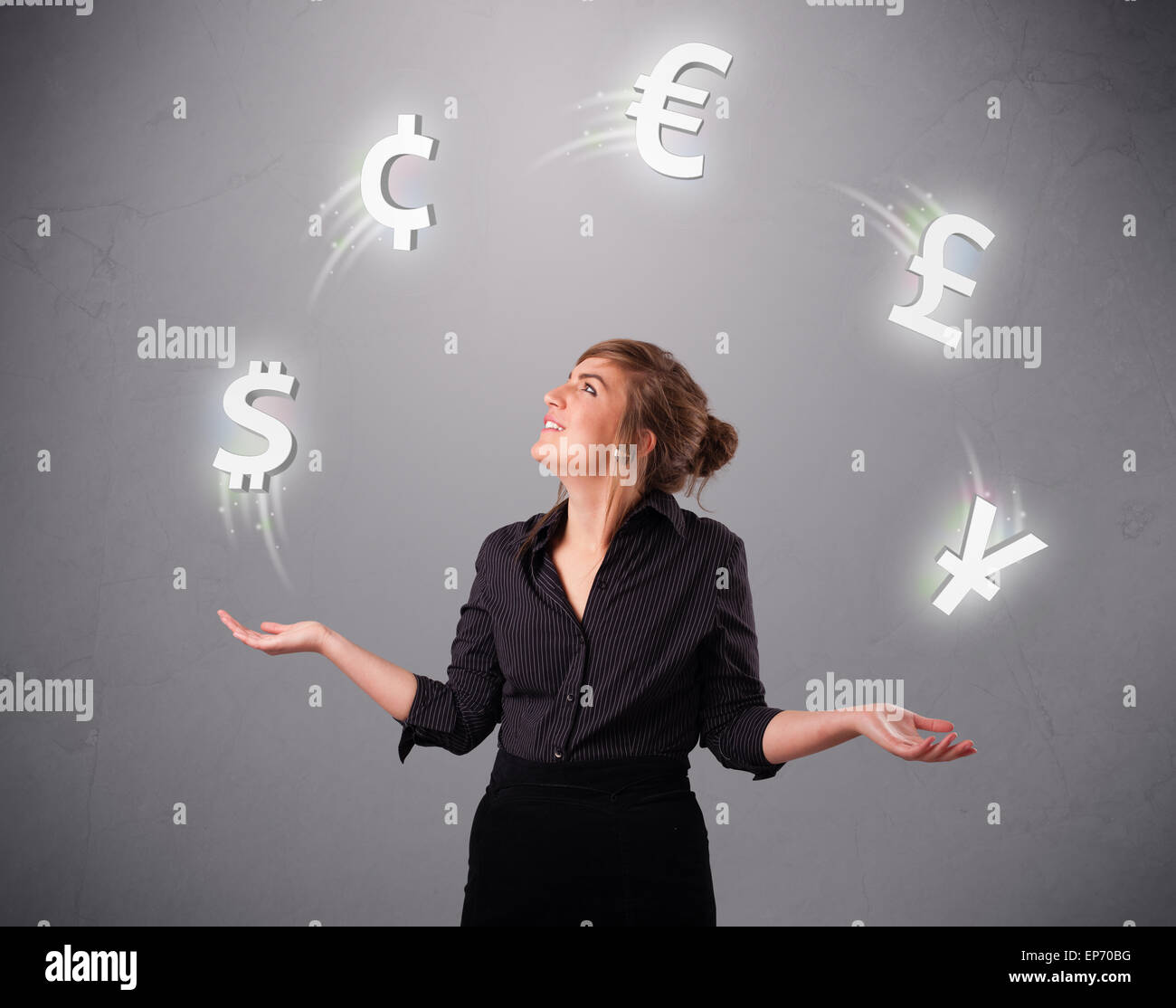 young lady standing and juggling with currency icons Stock Photo - Alamy