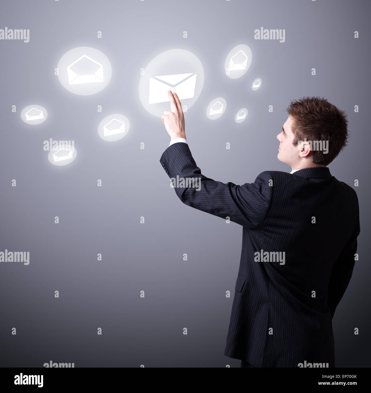 business man pressing a touchscreen button Stock Photo - Alamy