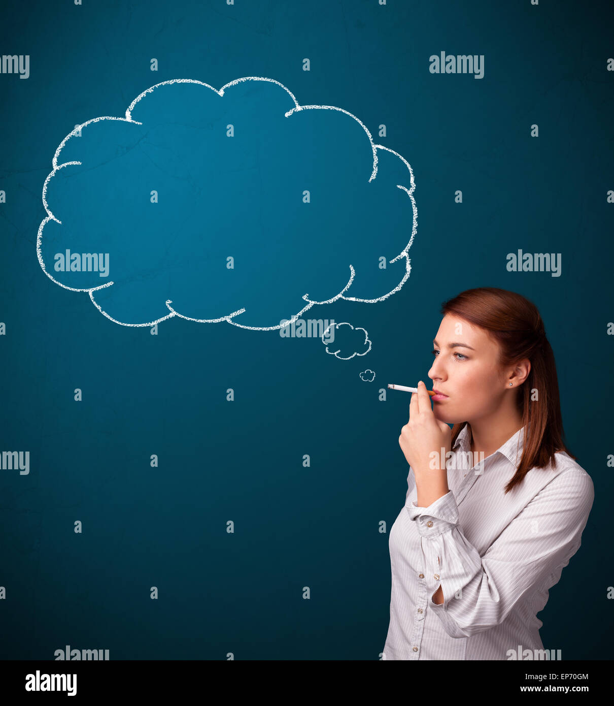 Beautiful lady smoking cigarette with idea cloud Stock Photo - Alamy