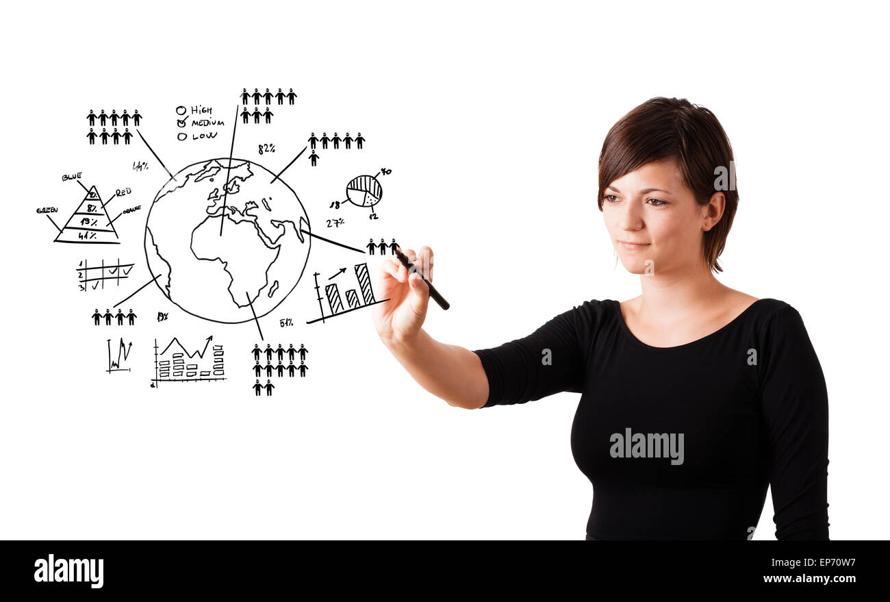 Young woman drawing globe with diagrams isolated on white Stock Photo ...
