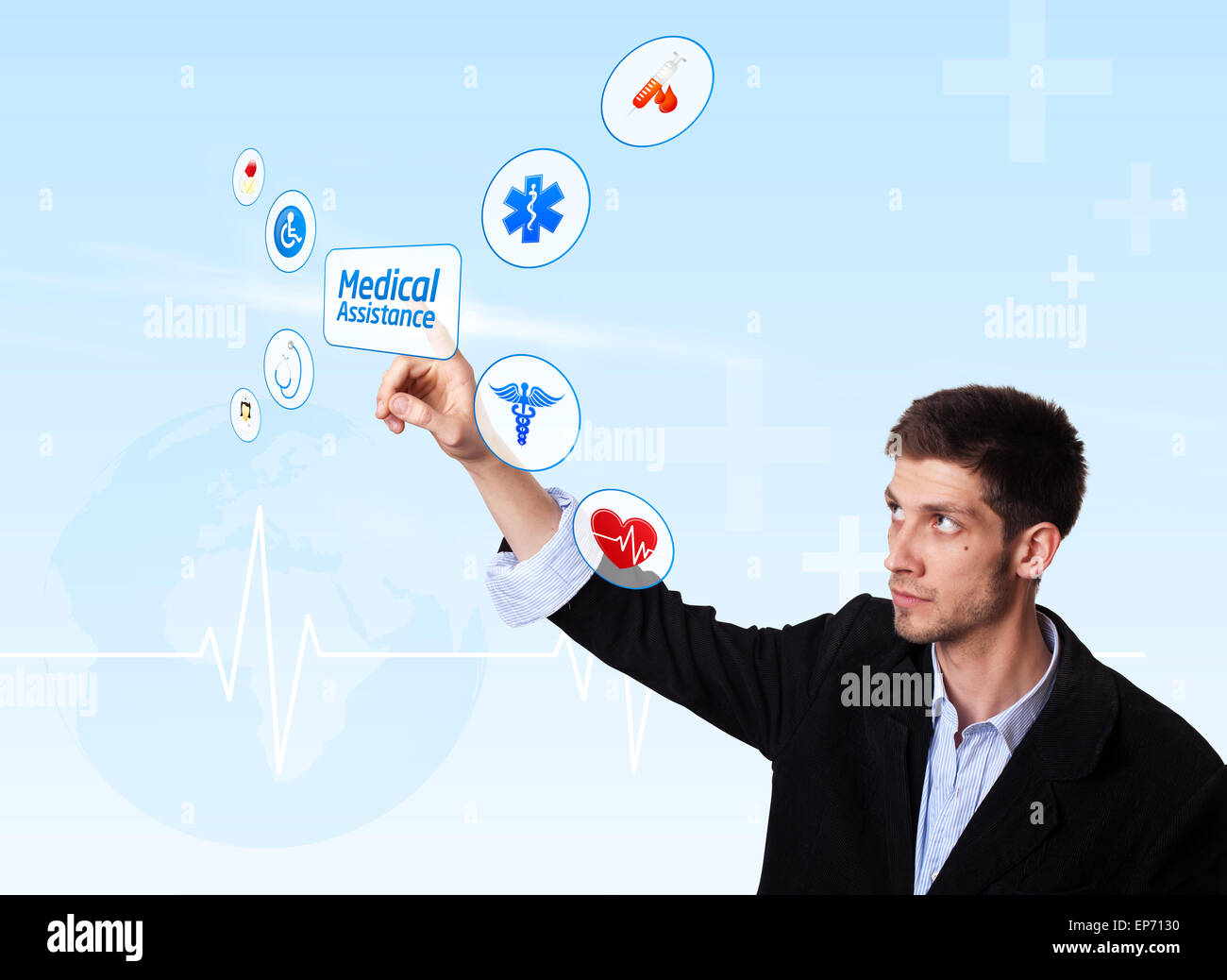 Young doctor pressing Medical Assistance button Stock Photo - Alamy