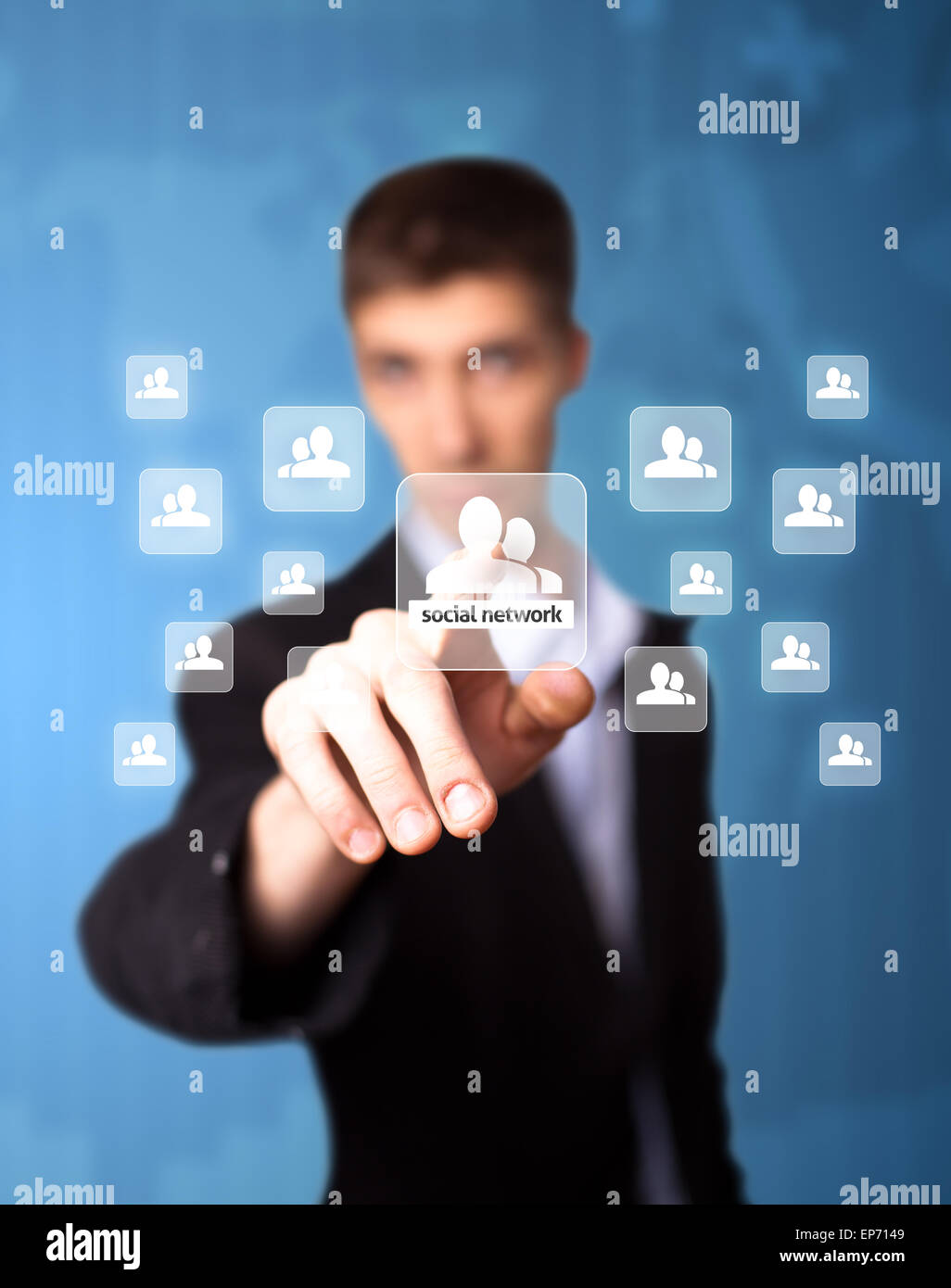 Man pressing social network icon Stock Photo - Alamy