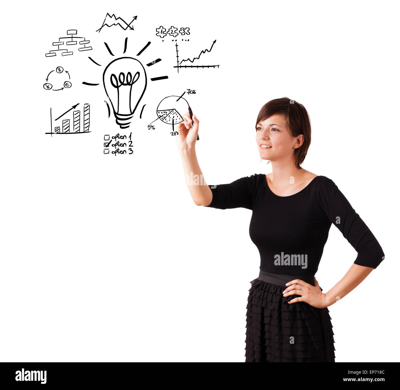 Young business woman drawing light bulb with various diagrams and ...