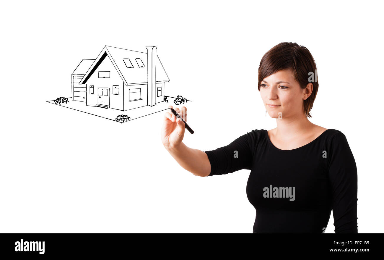 Young woman drawing a house on whiteboard Stock Photo - Alamy
