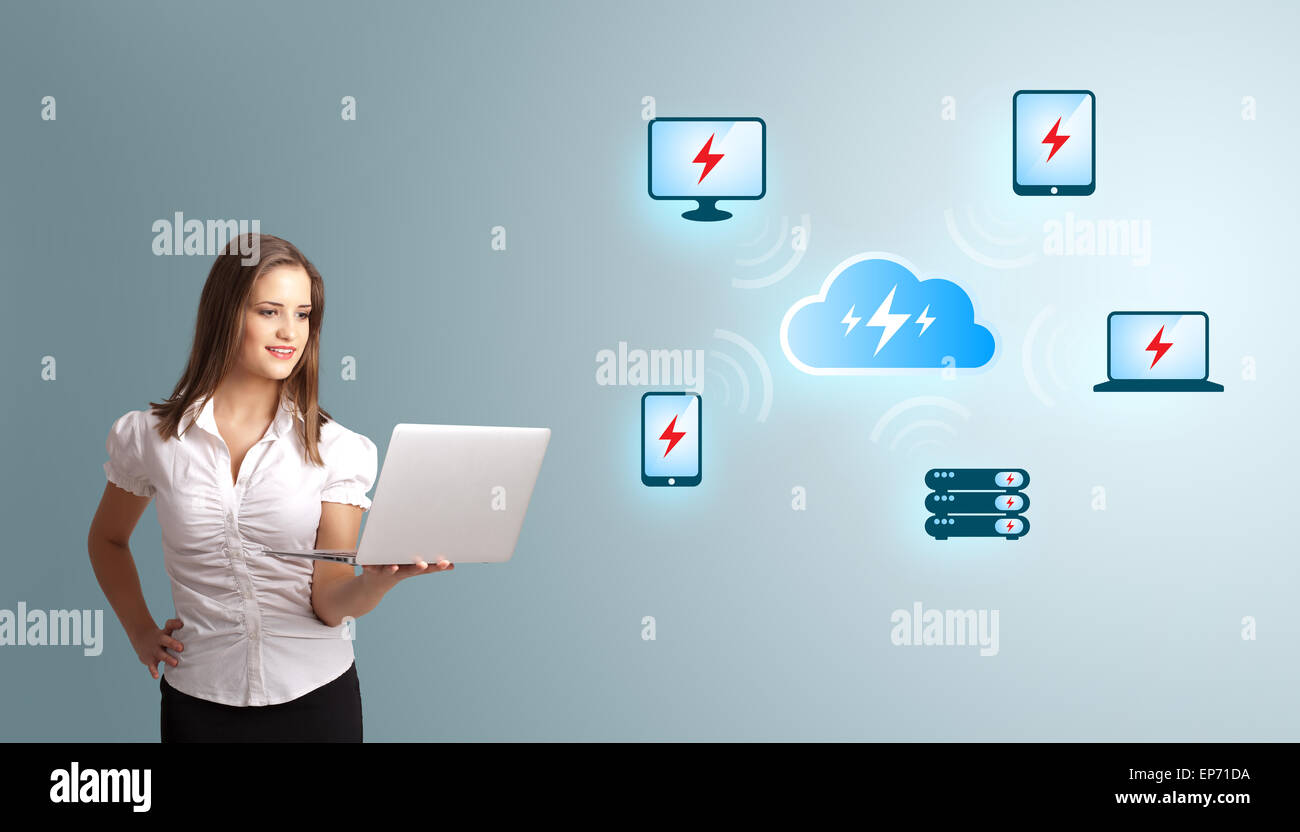 Young woman holding a laptop and presenting cloud computing network ...