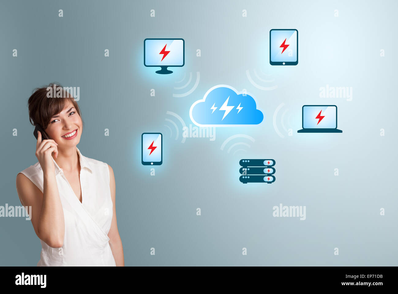 Young woman making phone call and presenting cloud computing network ...