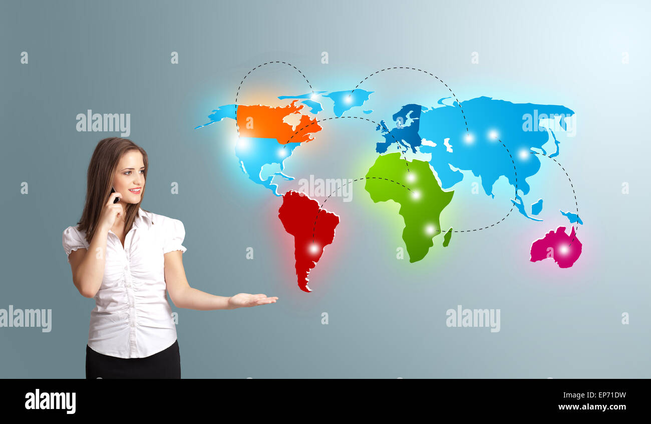 young woman making phone call with colorful world map Stock Photo - Alamy