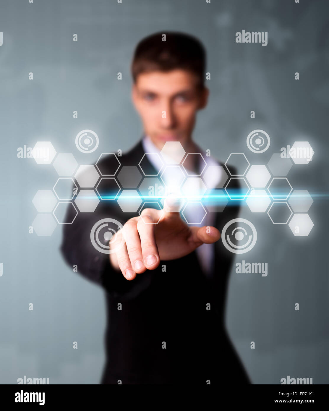 Man pressing digital button Stock Photo - Alamy