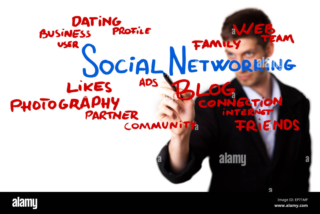 man drawing Social Networking schema on the whiteboard (selective focus ...