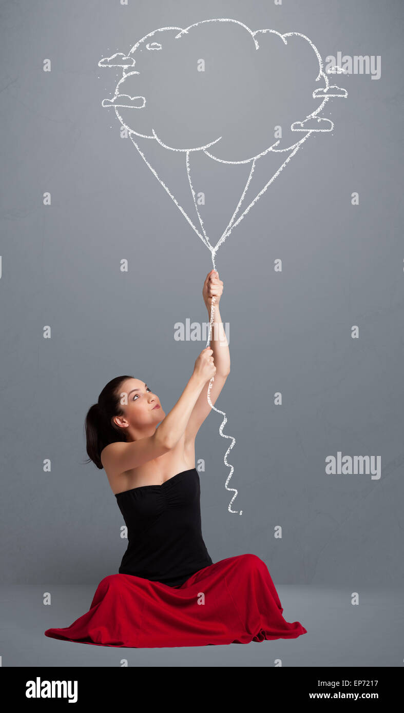 Pretty lady holding a cloud balloon drawing Stock Photo - Alamy