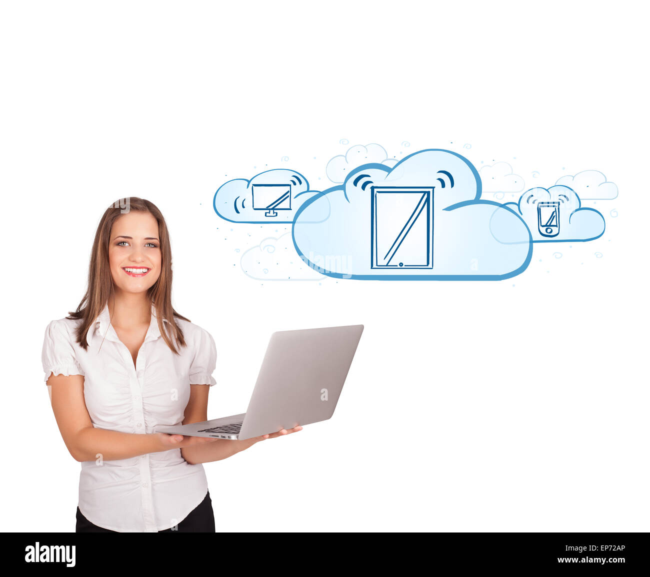 young woman presenting modern devices in clouds Stock Photo - Alamy
