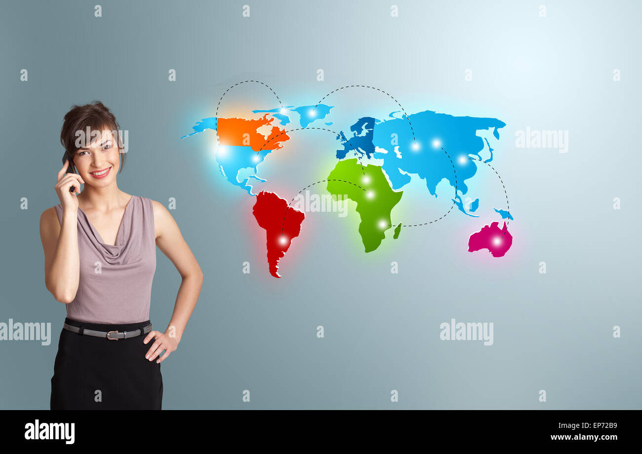 young woman making phone call with colorful world map Stock Photo - Alamy