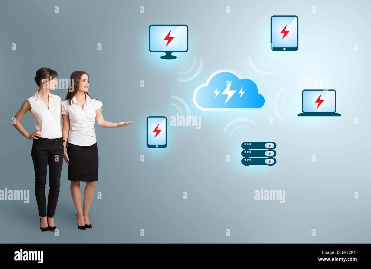 Young women presenting cloud computing network Stock Photo - Alamy