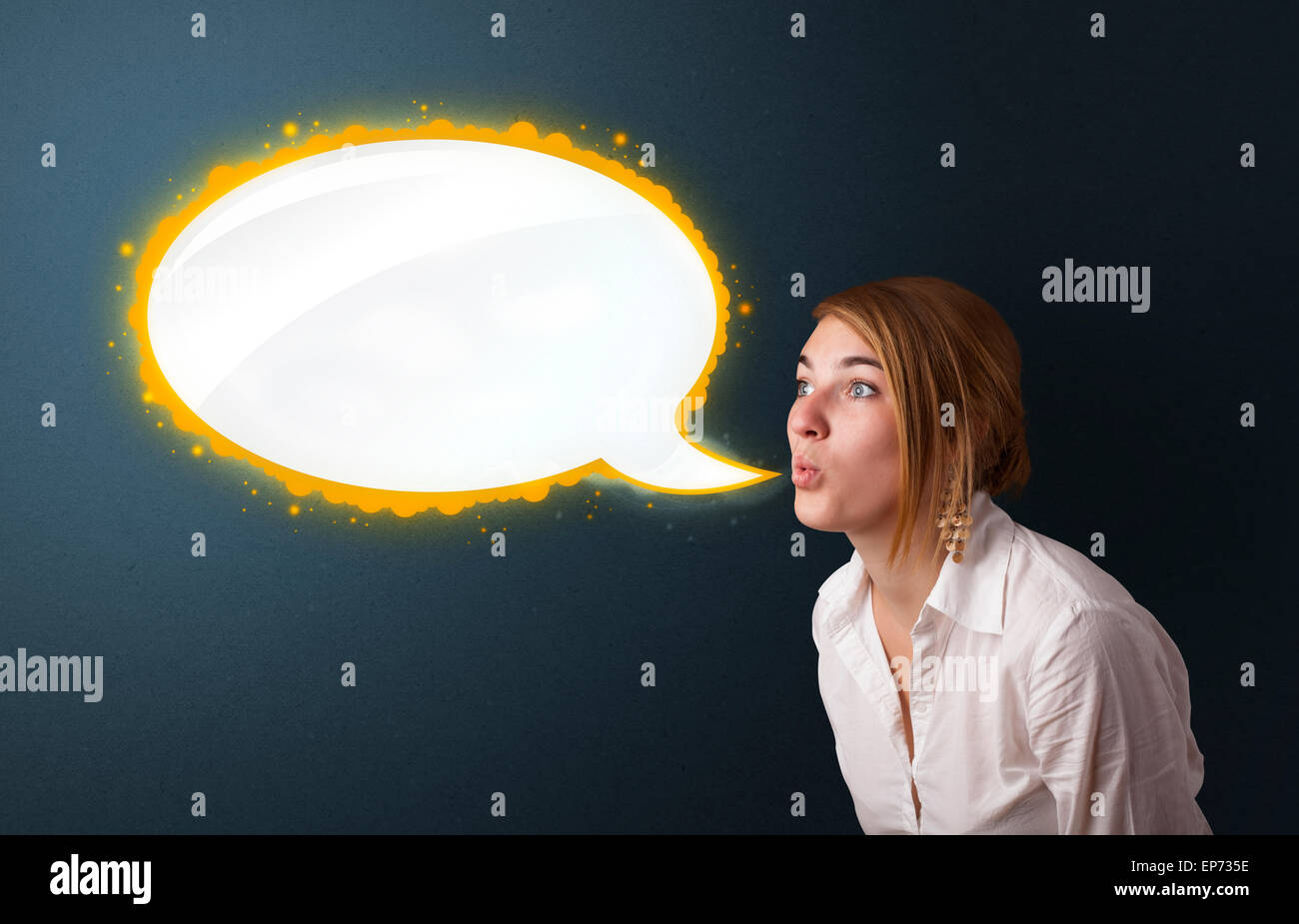 Young woman with modern speech bubble Stock Photo - Alamy