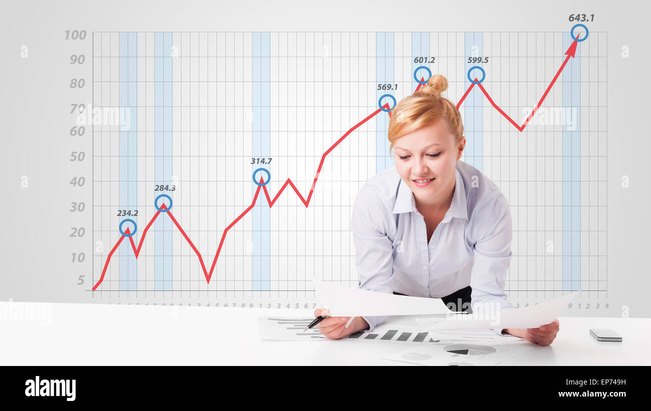 Young businesswoman calculating stock market with rising graph in the ...