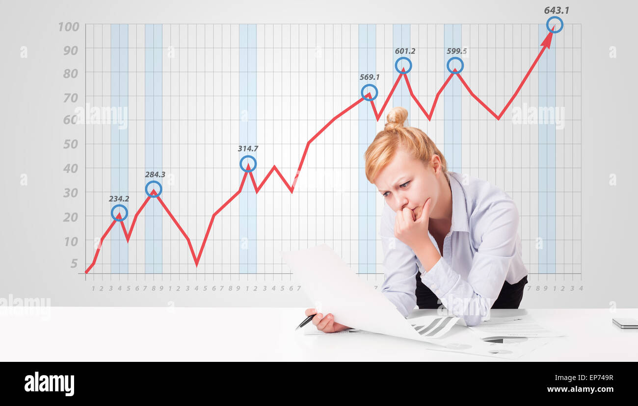 Young businesswoman calculating stock market with rising graph in the ...
