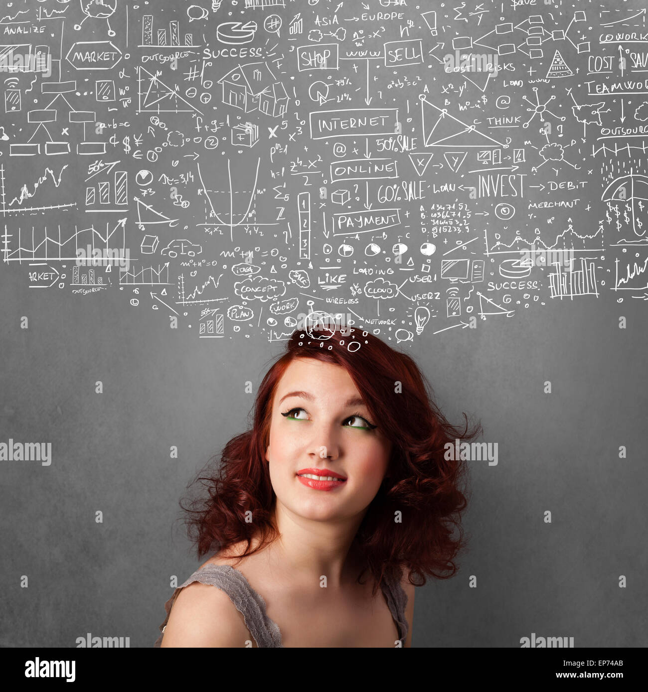 Young woman gesturing with sketched charts above her head Stock Photo ...