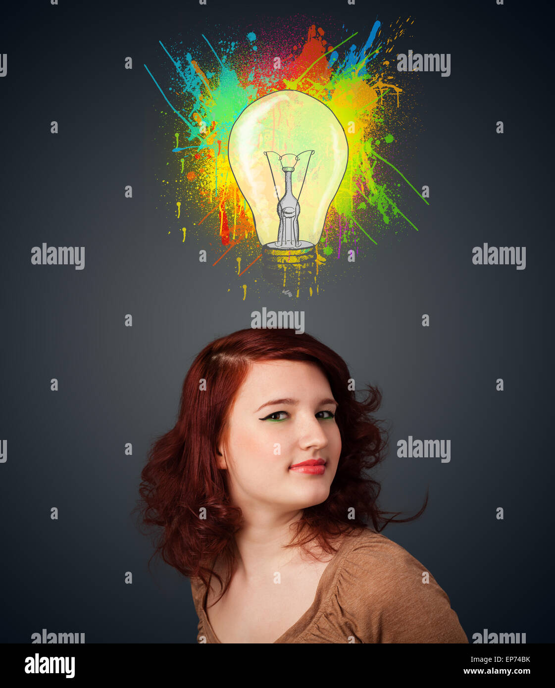 Young woman thinking with lightbulb above her head Stock Photo - Alamy