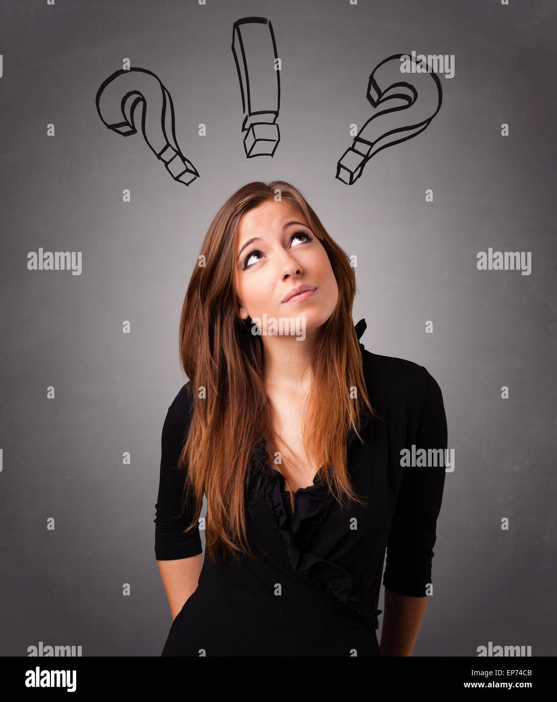 Young lady thinking with question marks overhead Stock Photo - Alamy