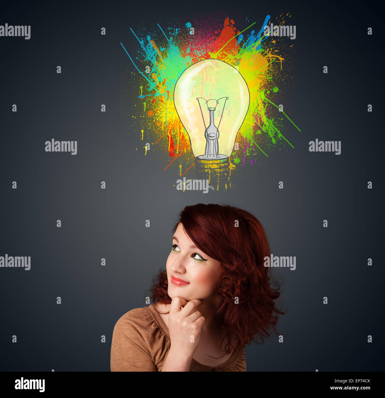 Young woman thinking with lightbulb above her head Stock Photo - Alamy