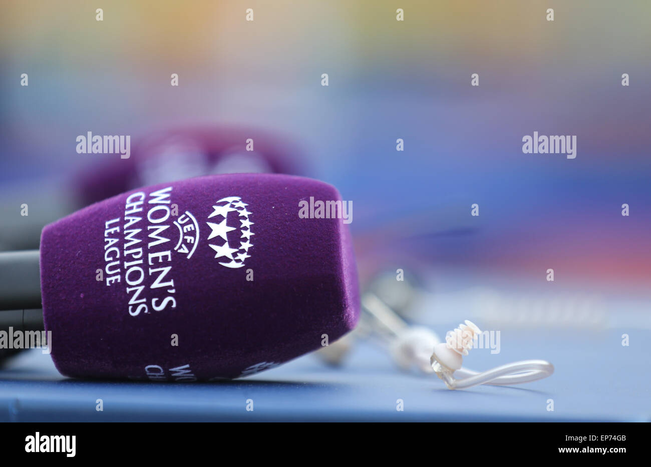 Berlin, Germany. 14th May, 2015. A microphone written with 'UEFA Women ...