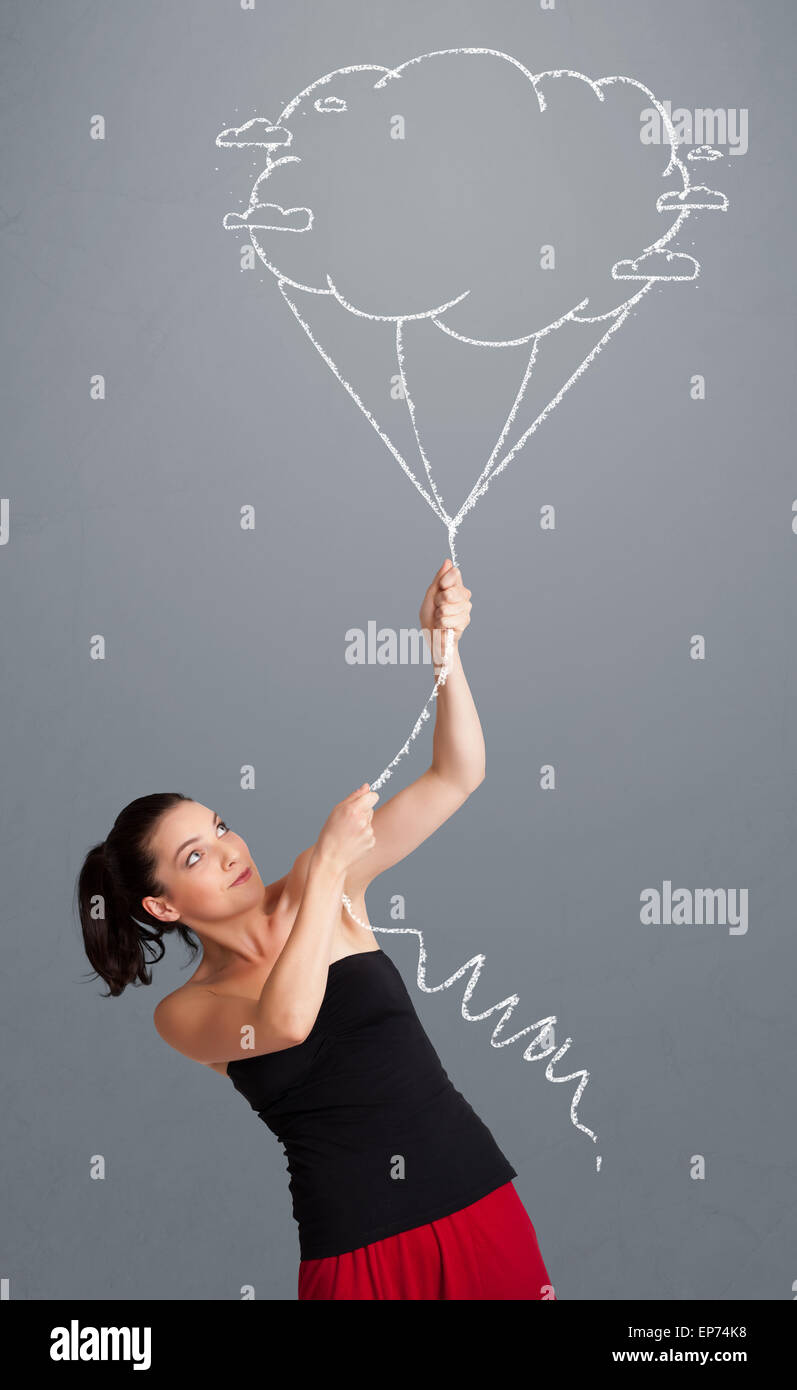 Pretty lady holding a cloud balloon drawing Stock Photo - Alamy