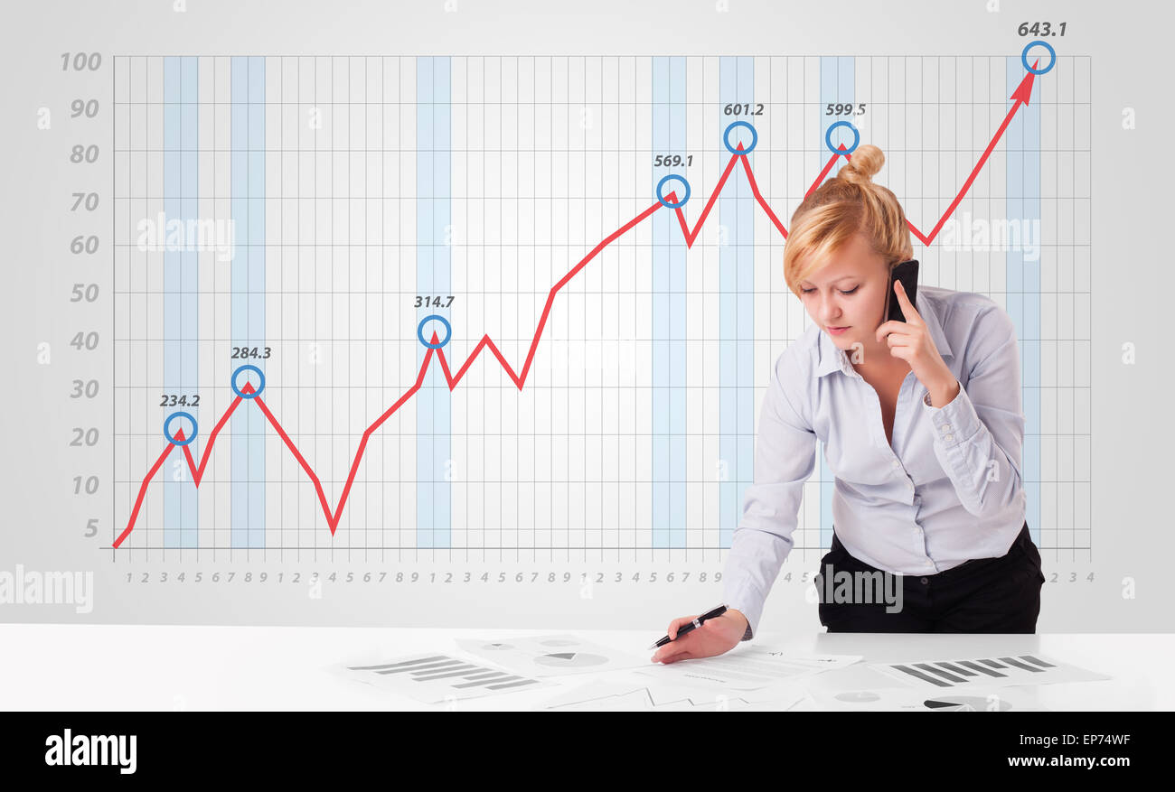 Young businesswoman calculating stock market with rising graph in the ...