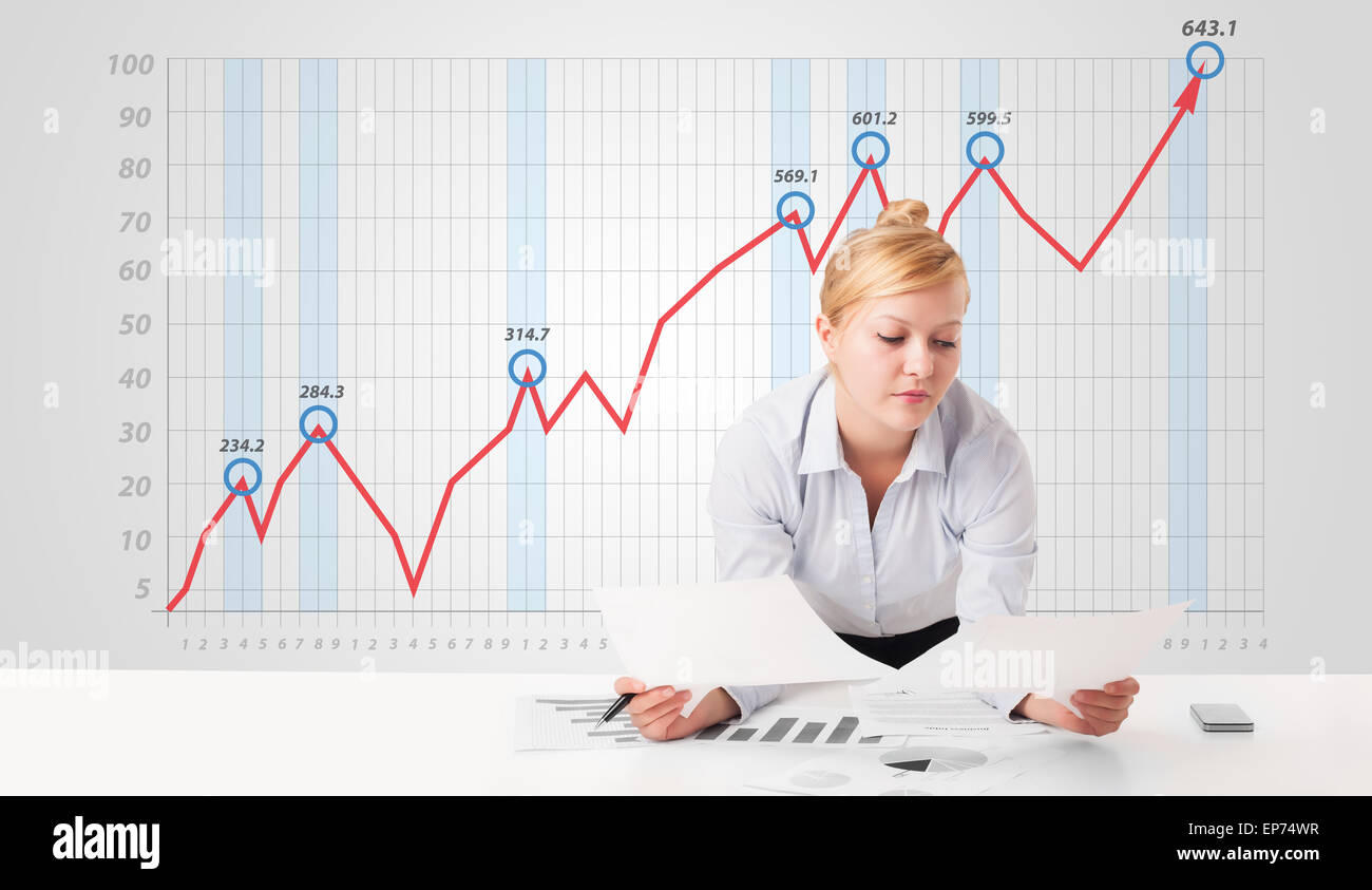 Young businesswoman calculating stock market with rising graph in the ...