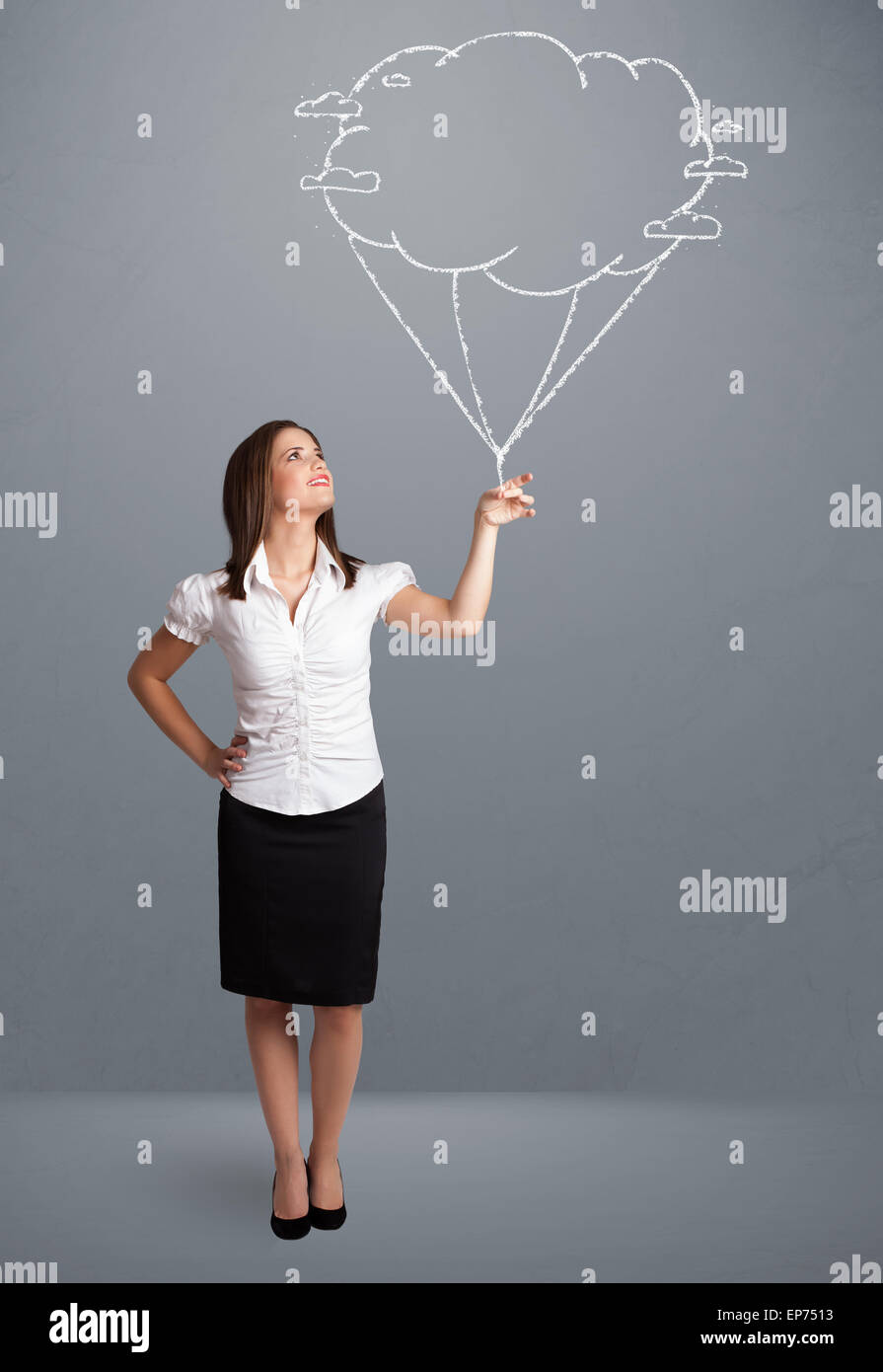 Pretty lady holding a cloud balloon drawing Stock Photo - Alamy