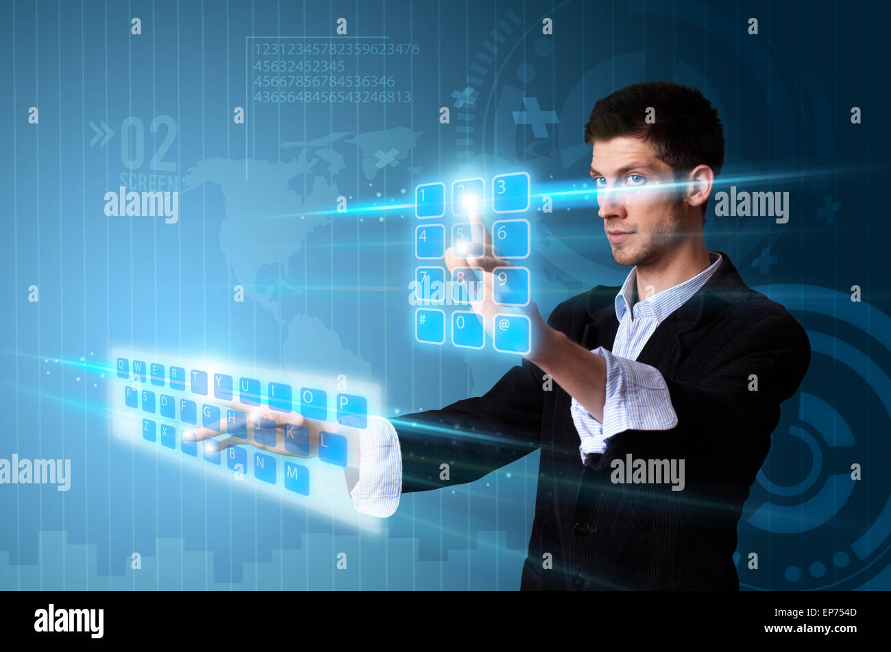 Man pressing modern touch screen buttons with a blue technology ...