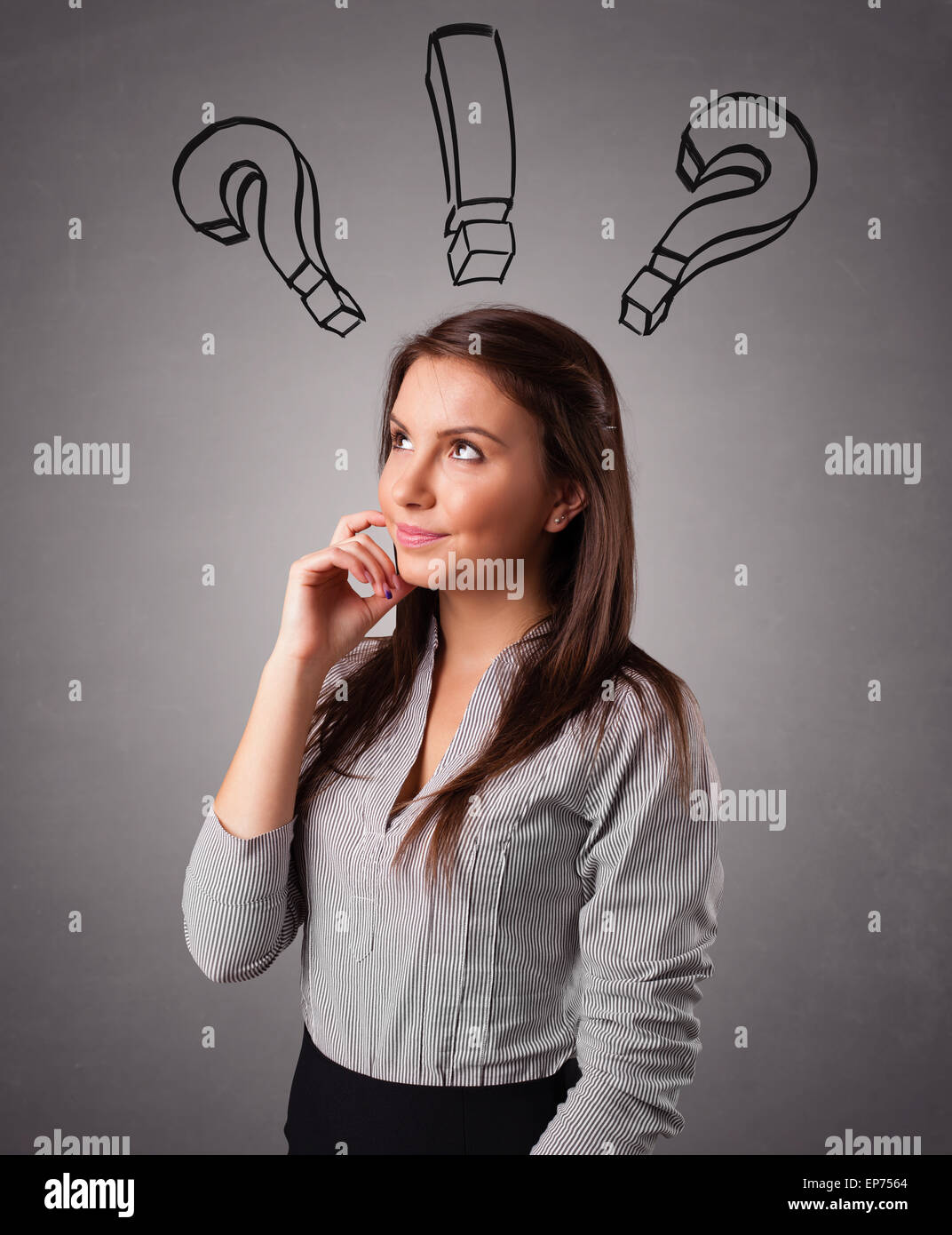 Young lady thinking with question marks overhead Stock Photo - Alamy