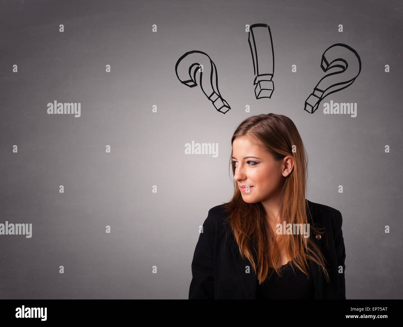 Young lady thinking with question marks overhead Stock Photo - Alamy
