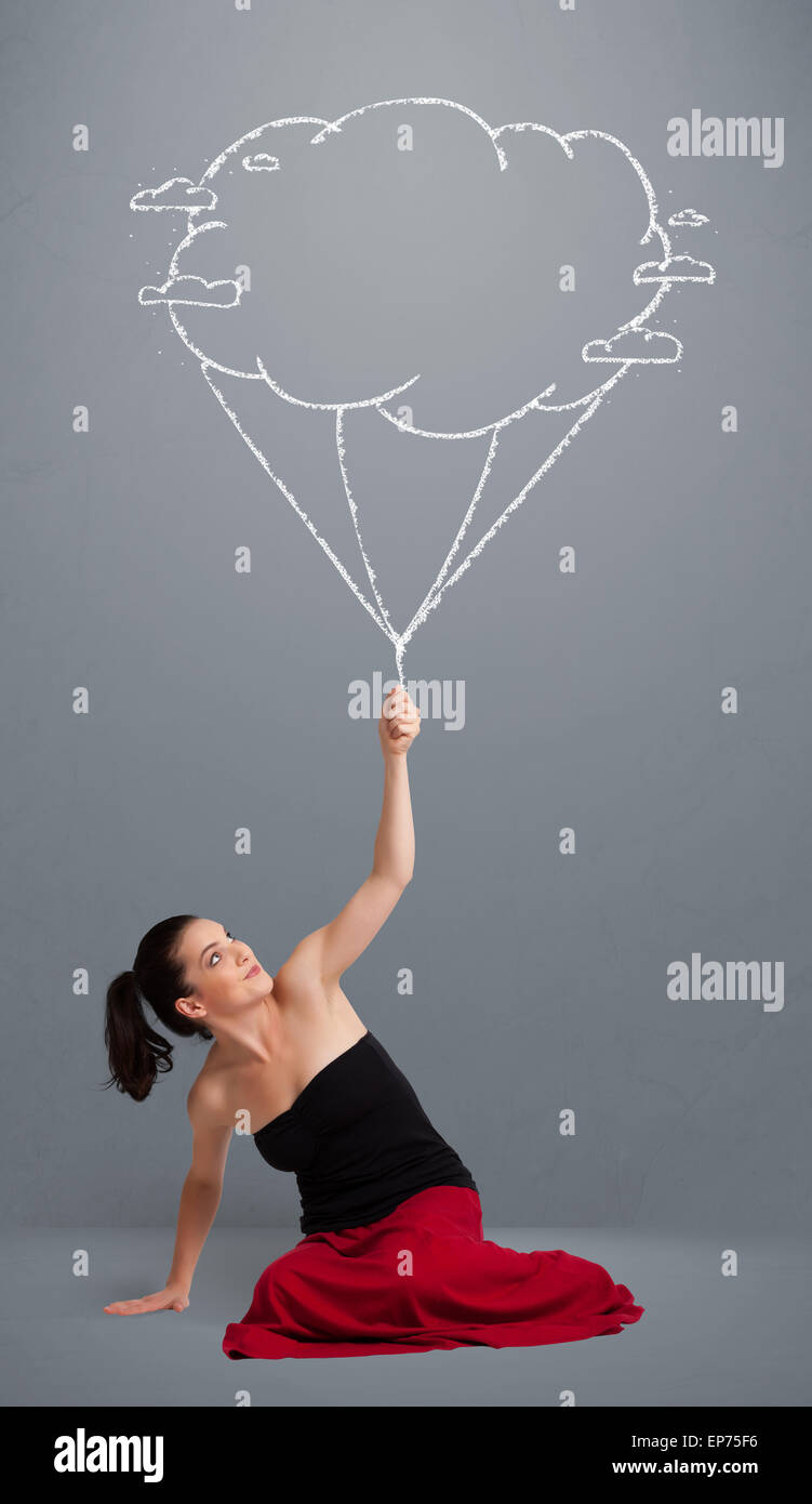 Pretty lady holding a cloud balloon drawing Stock Photo - Alamy