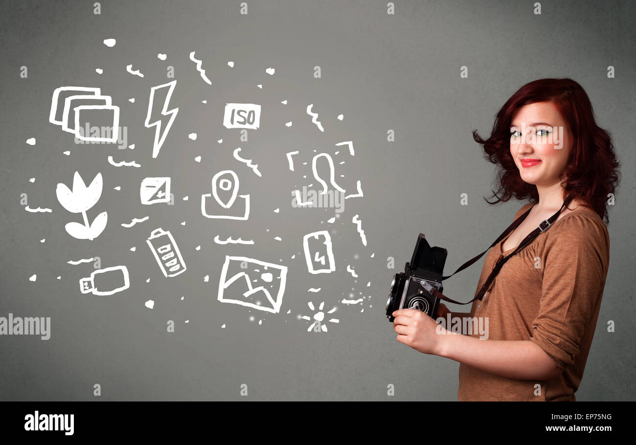 Photographer girl capturing white photography icons and symbols Stock ...