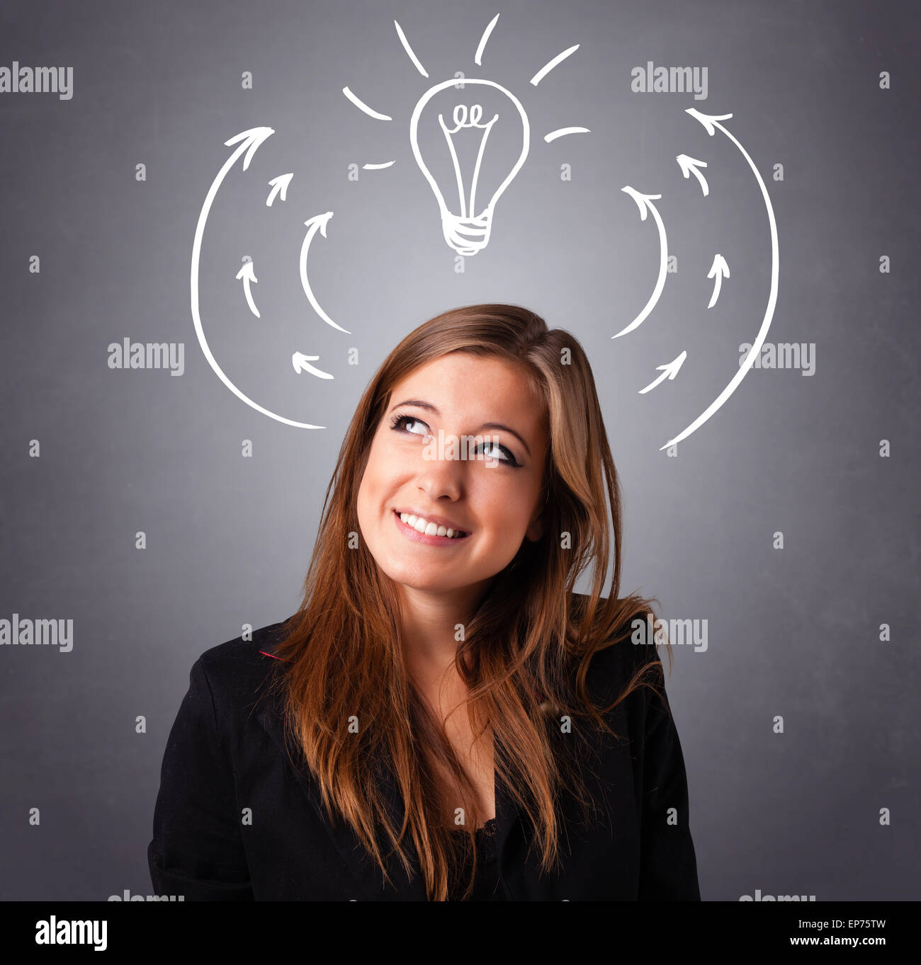 Pretty lady thinking with arrows and light bulb overhead Stock Photo ...