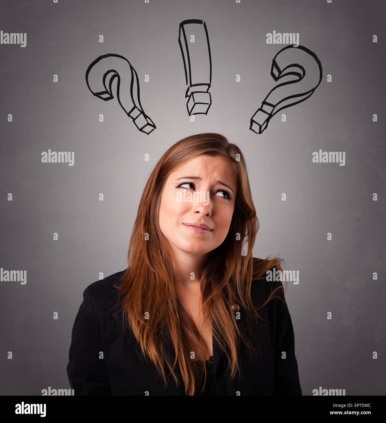Young lady thinking with question marks overhead Stock Photo - Alamy