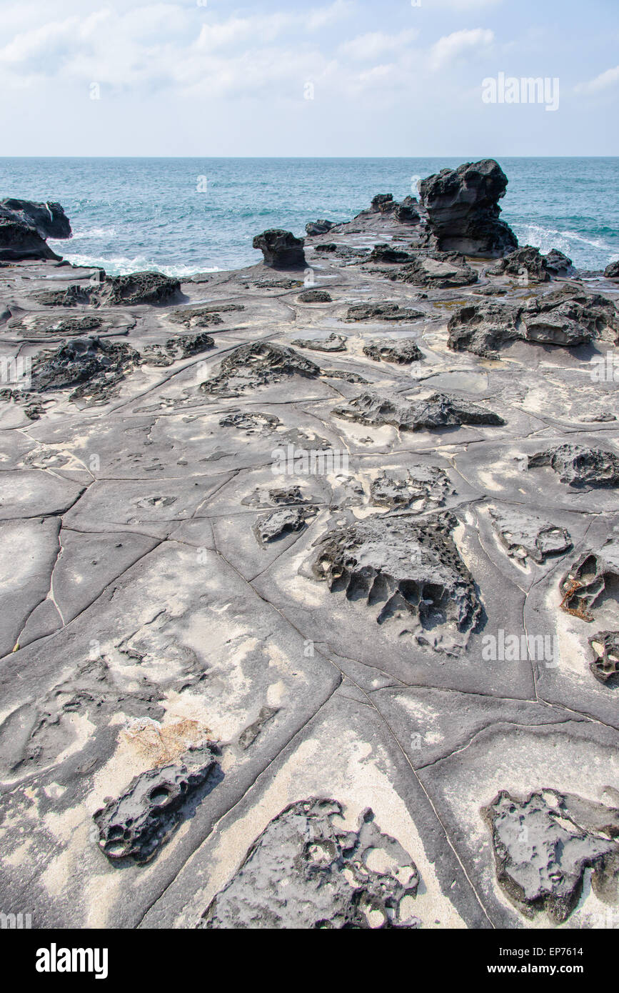 Landscape with distinctive geological rock coast in Jeju Island, Korea ...