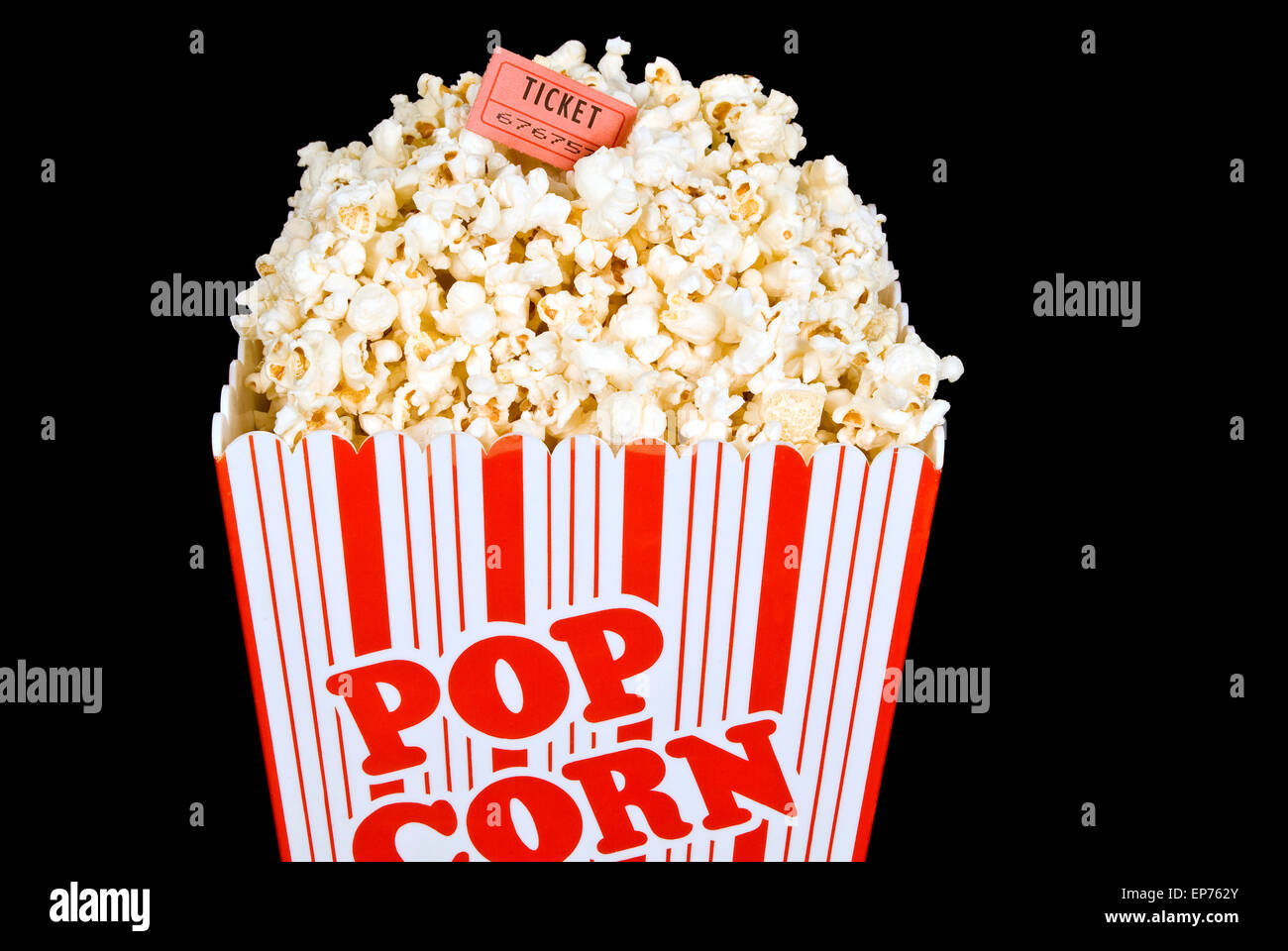 Bucket Of Fresh Popped Popcorn With Red Ticket On Black Background ...