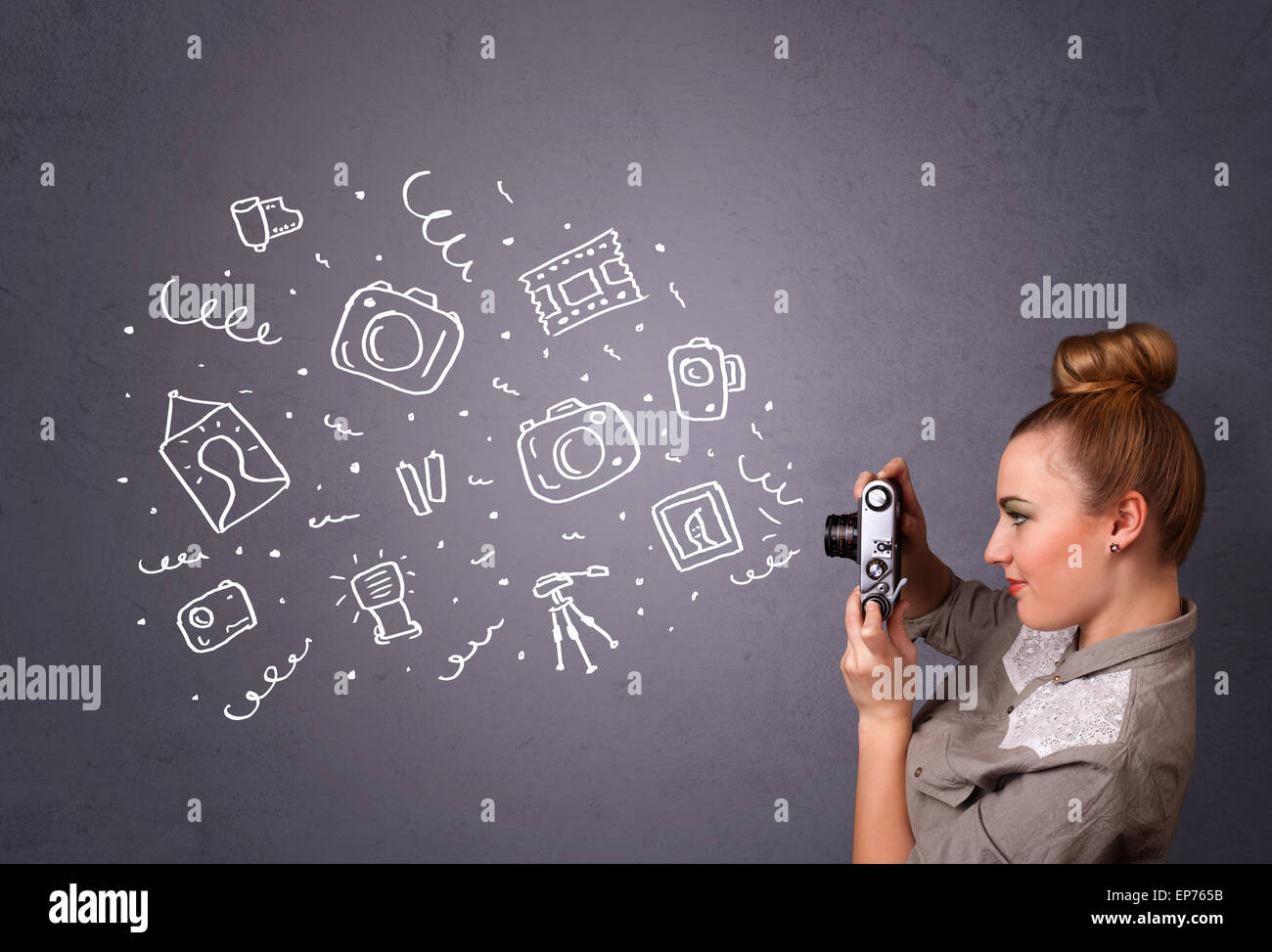 Photographer girl shooting photography icons Stock Photo - Alamy