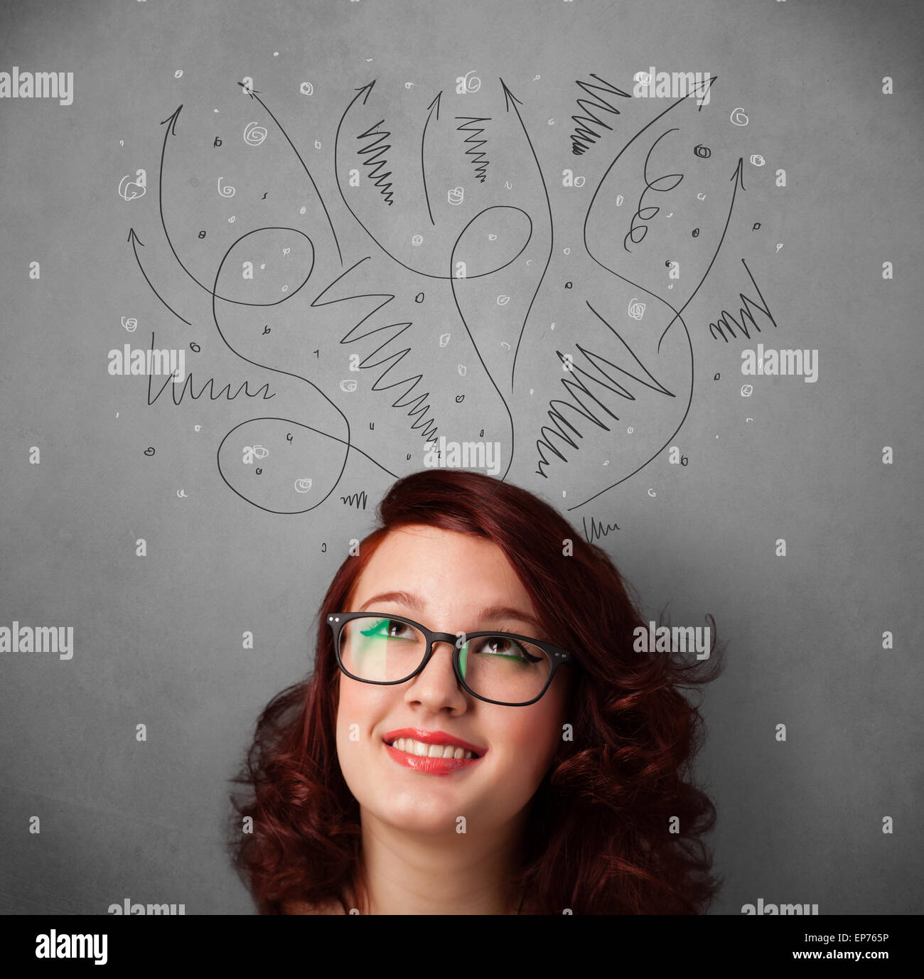 Young woman thinking with arrows over her head Stock Photo - Alamy