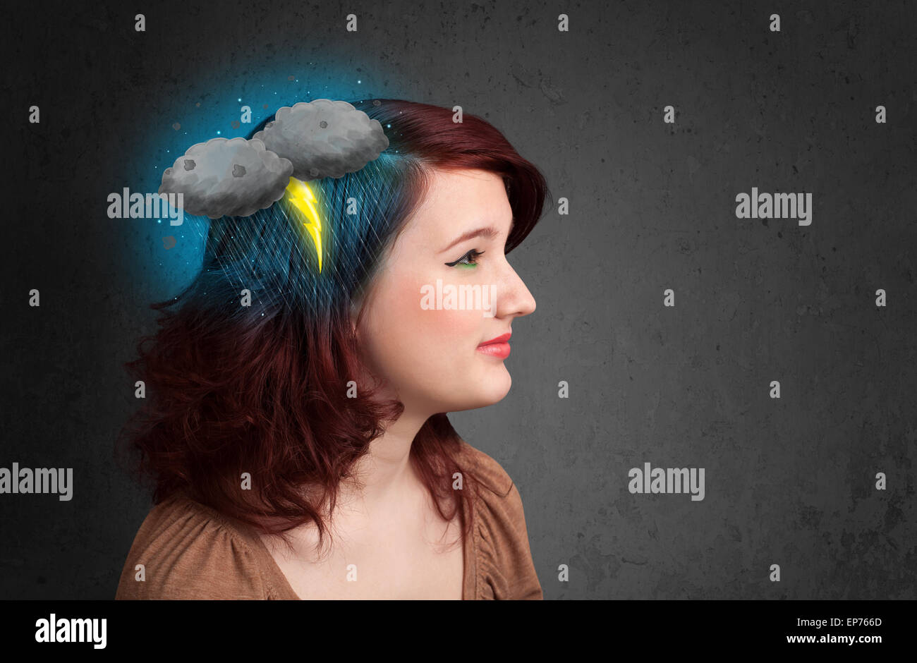 Young girl with thunderstorm lightning headache Stock Photo - Alamy