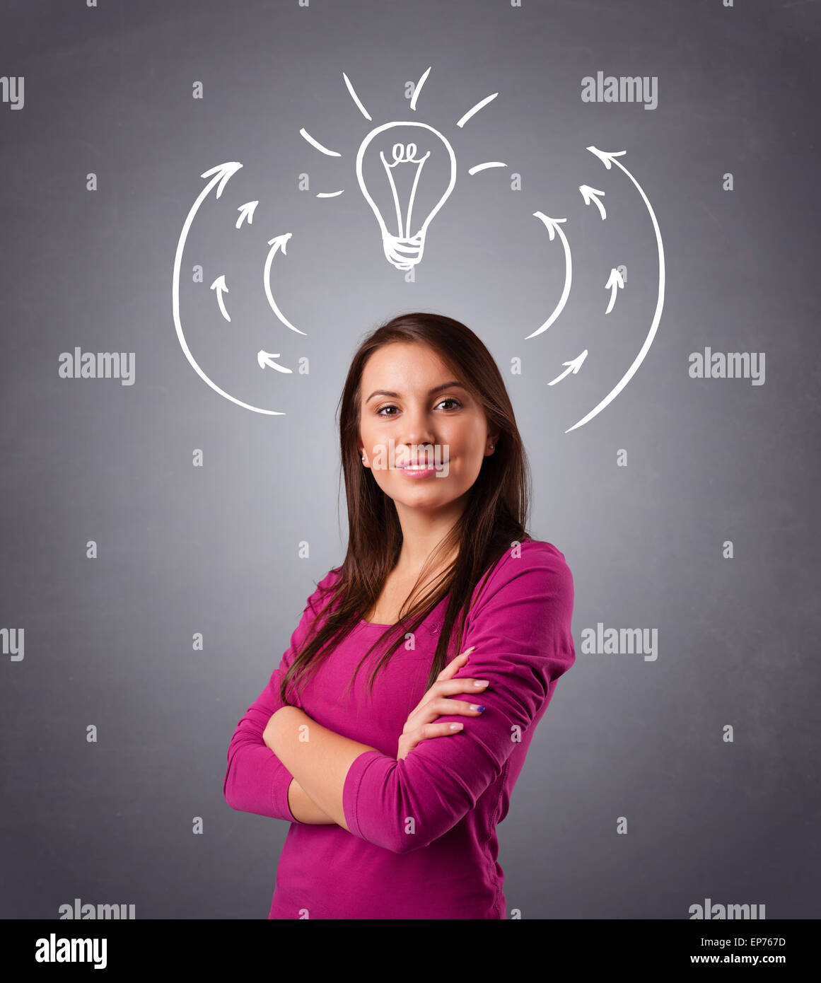 Pretty lady thinking with arrows and light bulb overhead Stock Photo ...