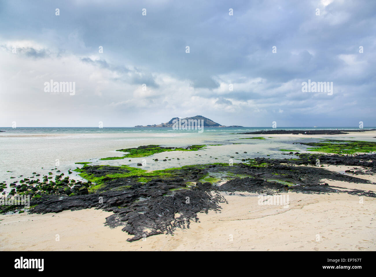 landscape of Biyangdo island in a cloudy day, view from Hyeopjae beach ...